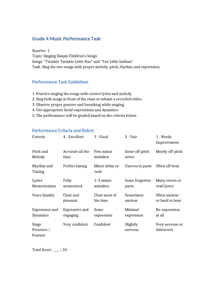Grade 4 Music Performance Task Singing | PDF