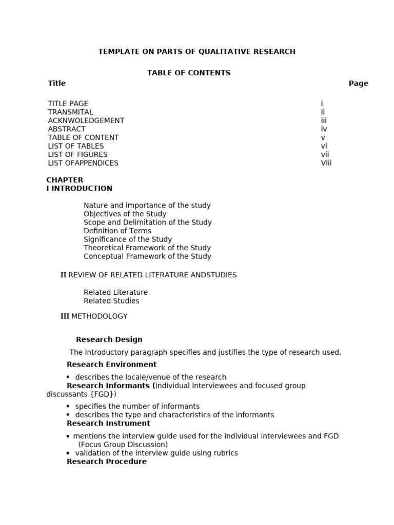 Template On Parts of Qualitative Research | PDF | Qualitative Research ...