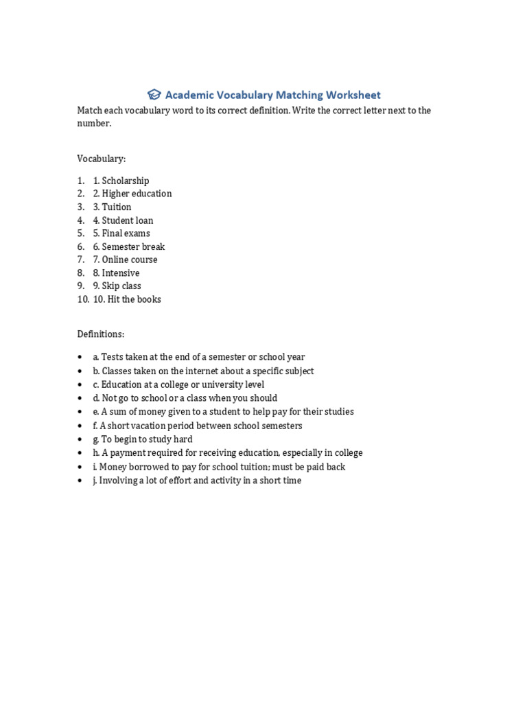 Full Vocab Matching Worksheet | PDF