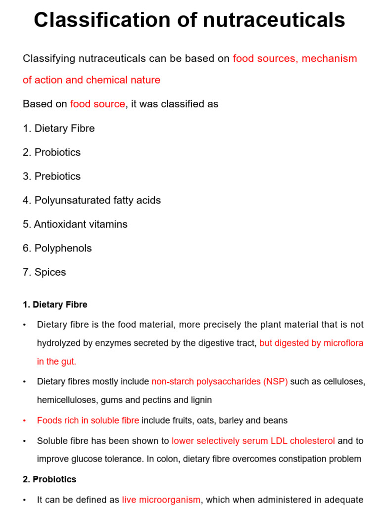 Classification of Nutraceuticals | PDF | Dietary Fiber | Diet & Nutrition