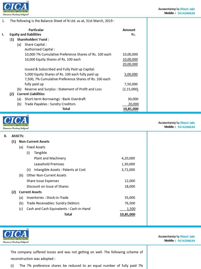Internal Reconstruction Questions | PDF | Equity (Finance) | Balance Sheet