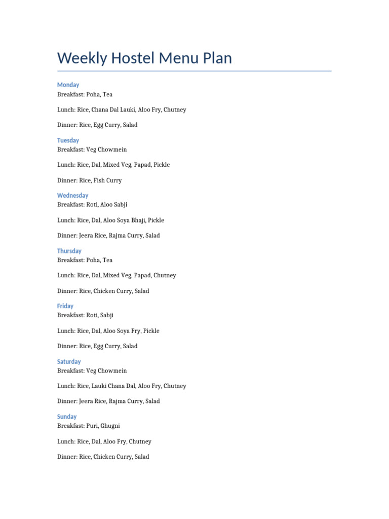 Weekly Hostel Menu | PDF