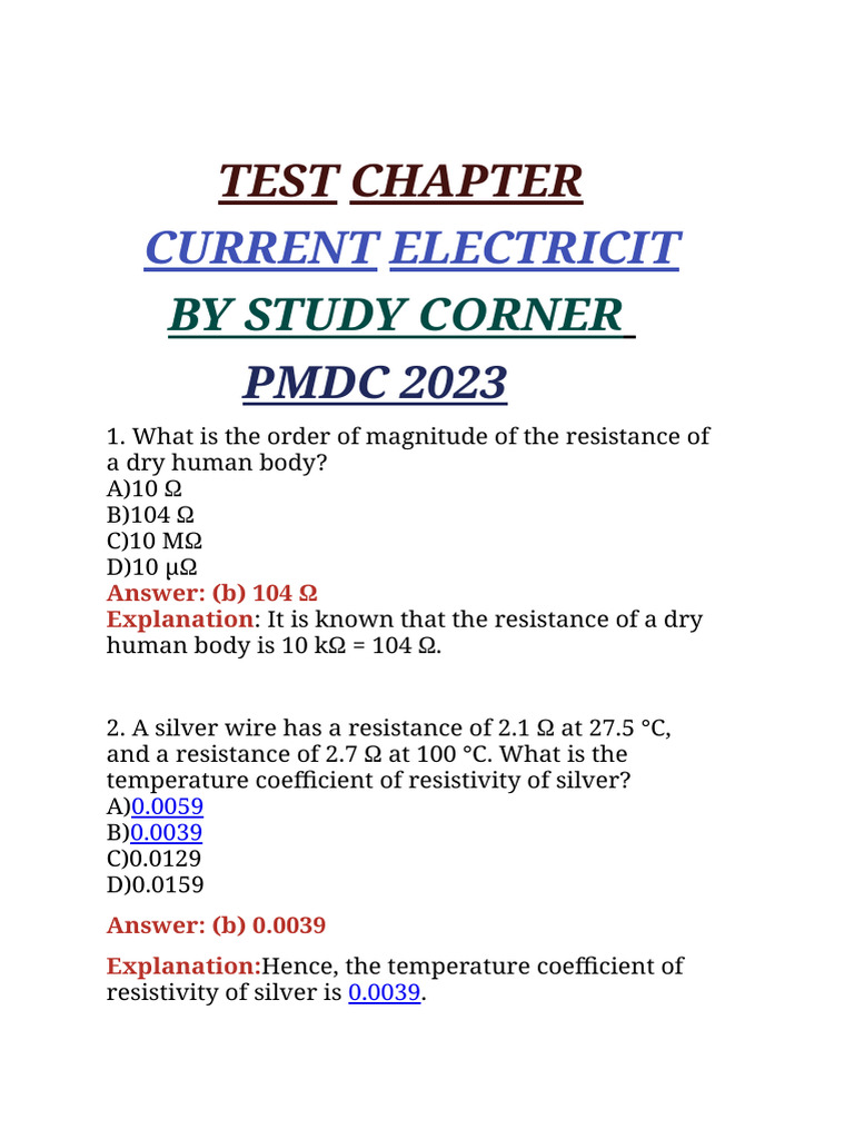 Test Current Electricity Mcqs by STUDY CORNER | PDF | Electric Current ...