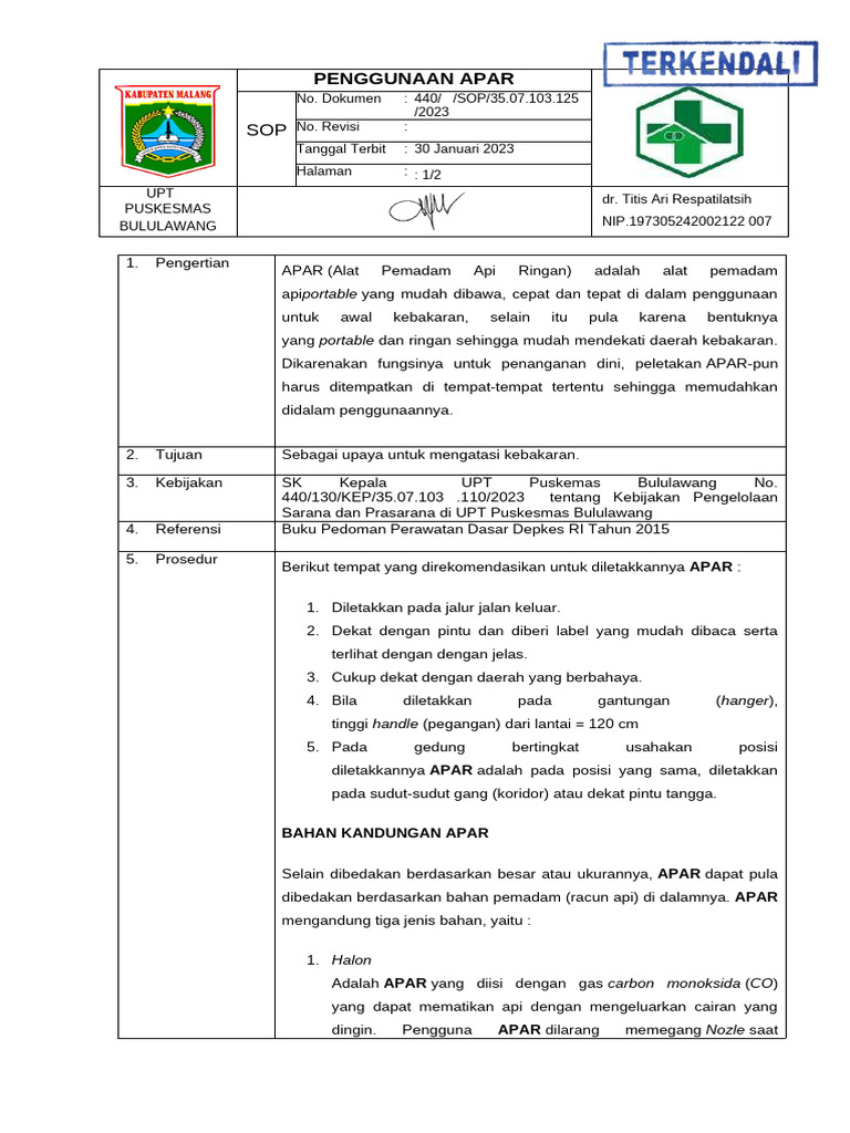 Prosedur Penggunaan APAR di Puskesmas | PDF