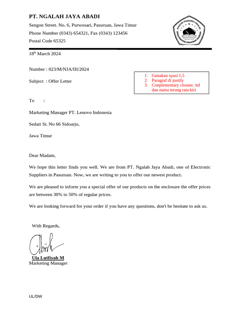 Mohammad Debi Wananda (Offer Letter) | PDF