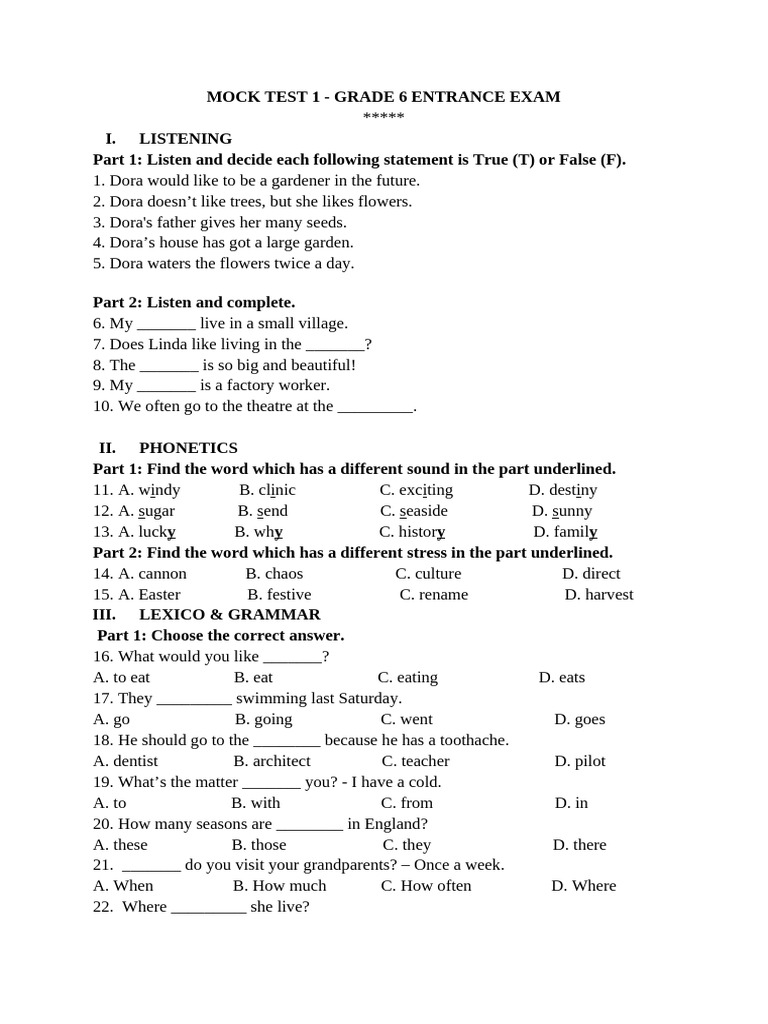 Mock Test 1 - Grade 6 Entrance Exam | PDF
