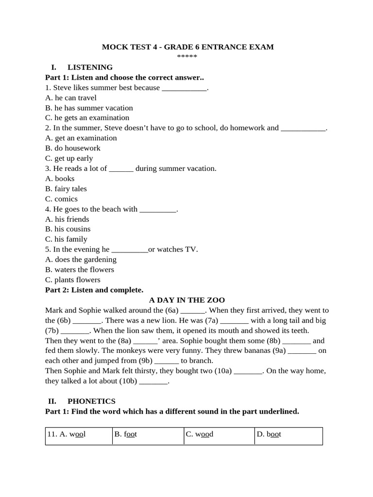 Grade 6 Entrance Exam Mock Test | PDF | English Language