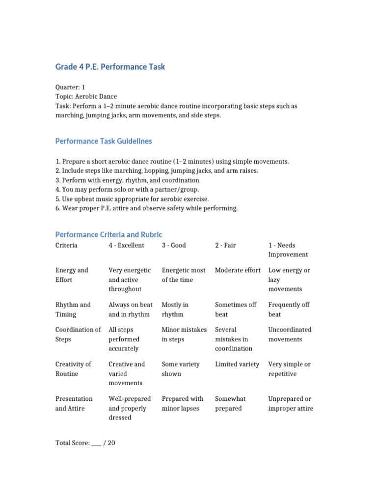 Grade 4 Aerobic Dance Performance Task | PDF
