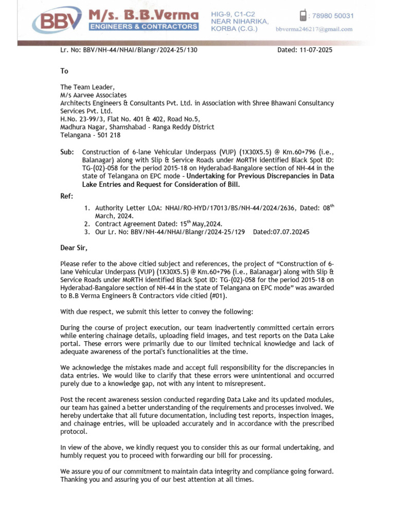 LTR No. 130 - Undertaking For Previous Discrepancies in Data Lake Entries and Request For ...
