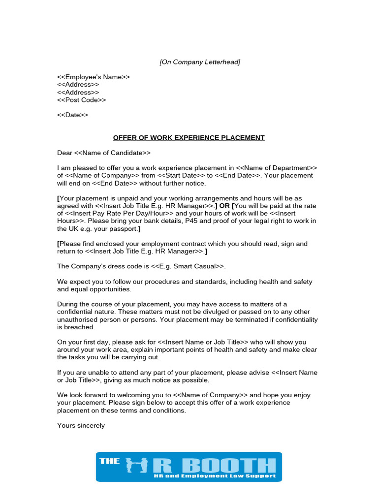 Letter Offering Work Experience Placement or Internship | PDF