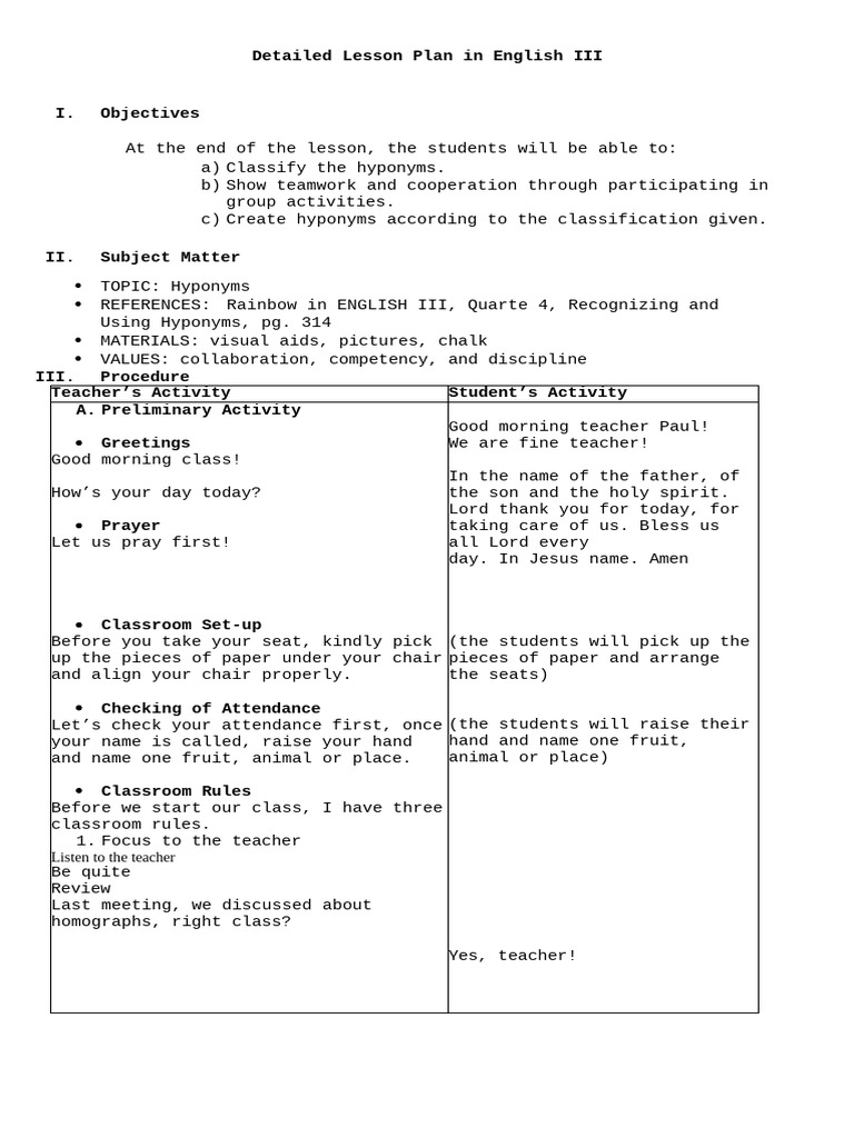 PDF HYPONYMS Detailed Lesson Plan in English III | PDF | Lesson Plan