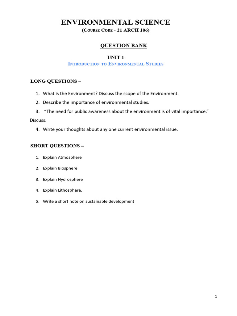 EVS - Question Bank. - Unit 1 | PDF