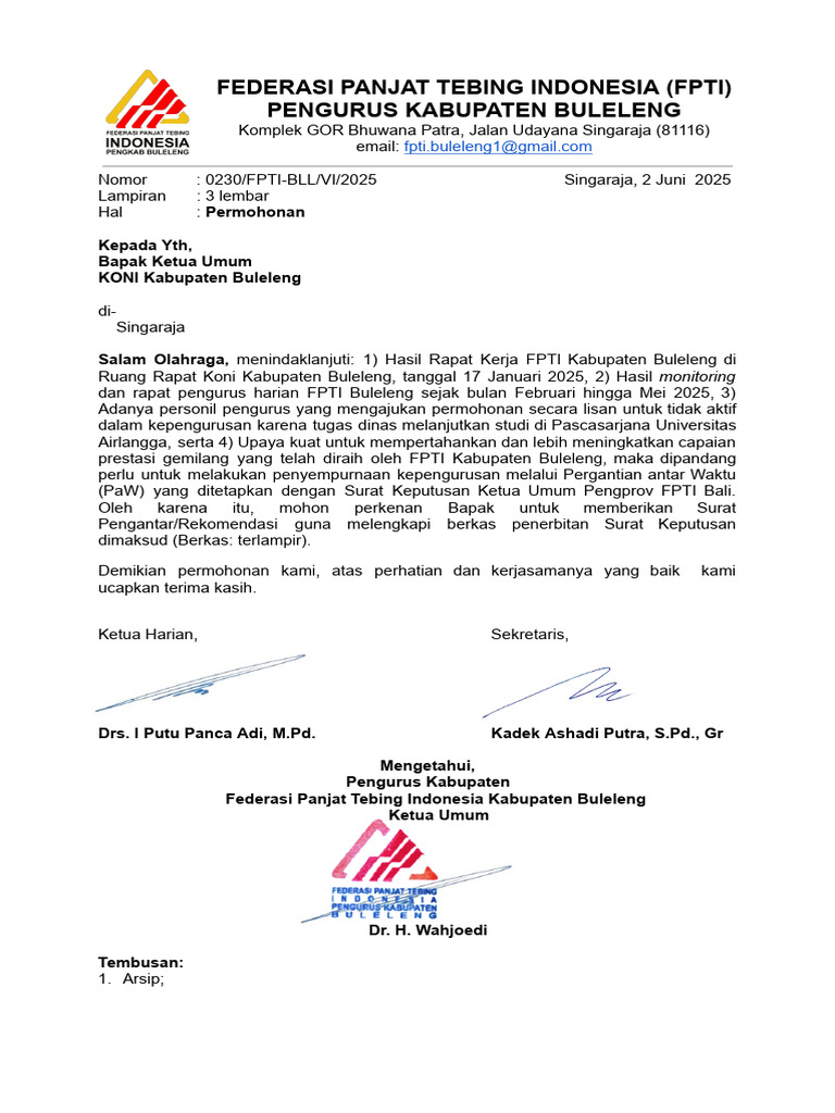 0300 Fpti BLL Surat Permohonan Rekomendasi Koni BLL | PDF