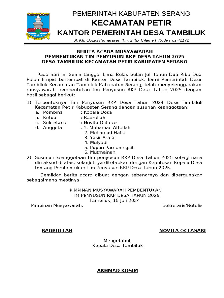 Pembentukan Tim RKP Desa Tambiluk 2025 | PDF