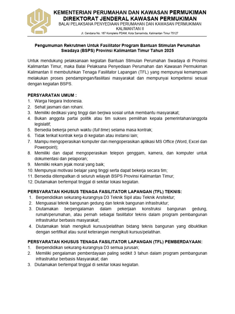 Jadwal Rekrutmen TFL Program BSPS 2025 | PDF