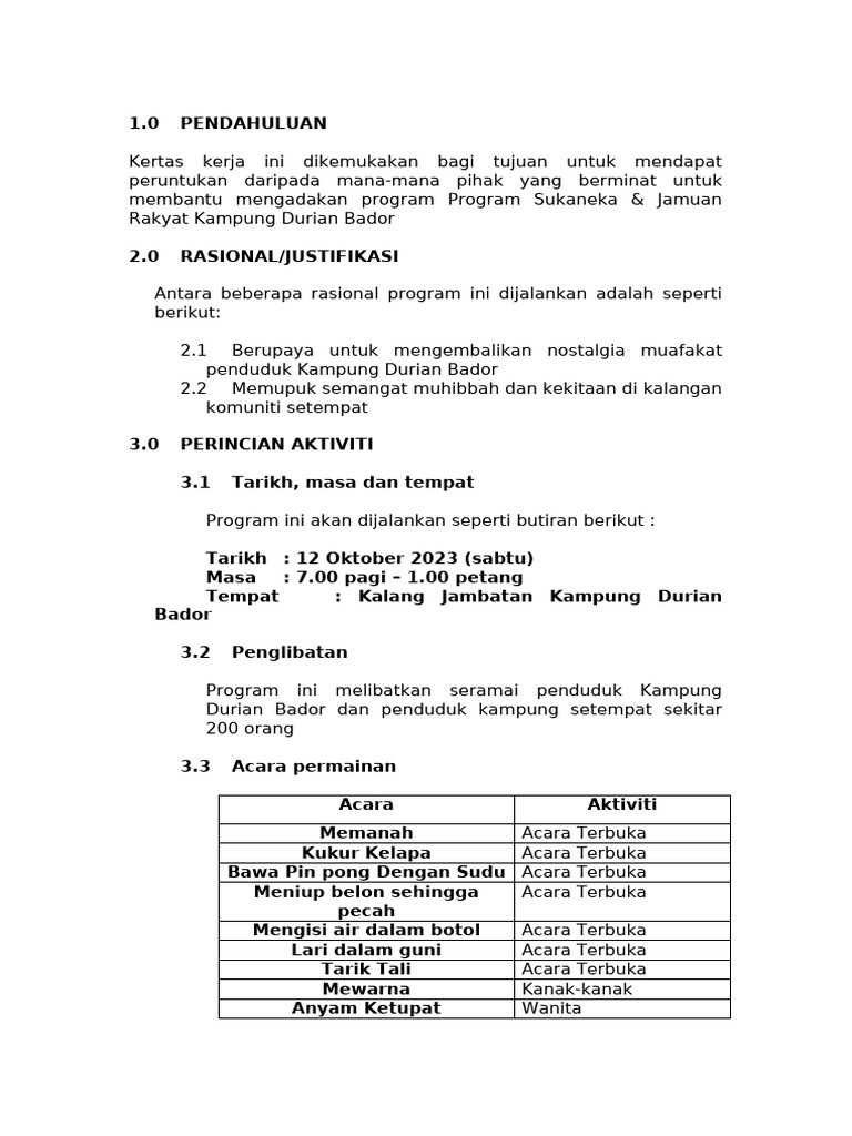 Kertas Kerja Program Sukaneka 2023 | PDF
