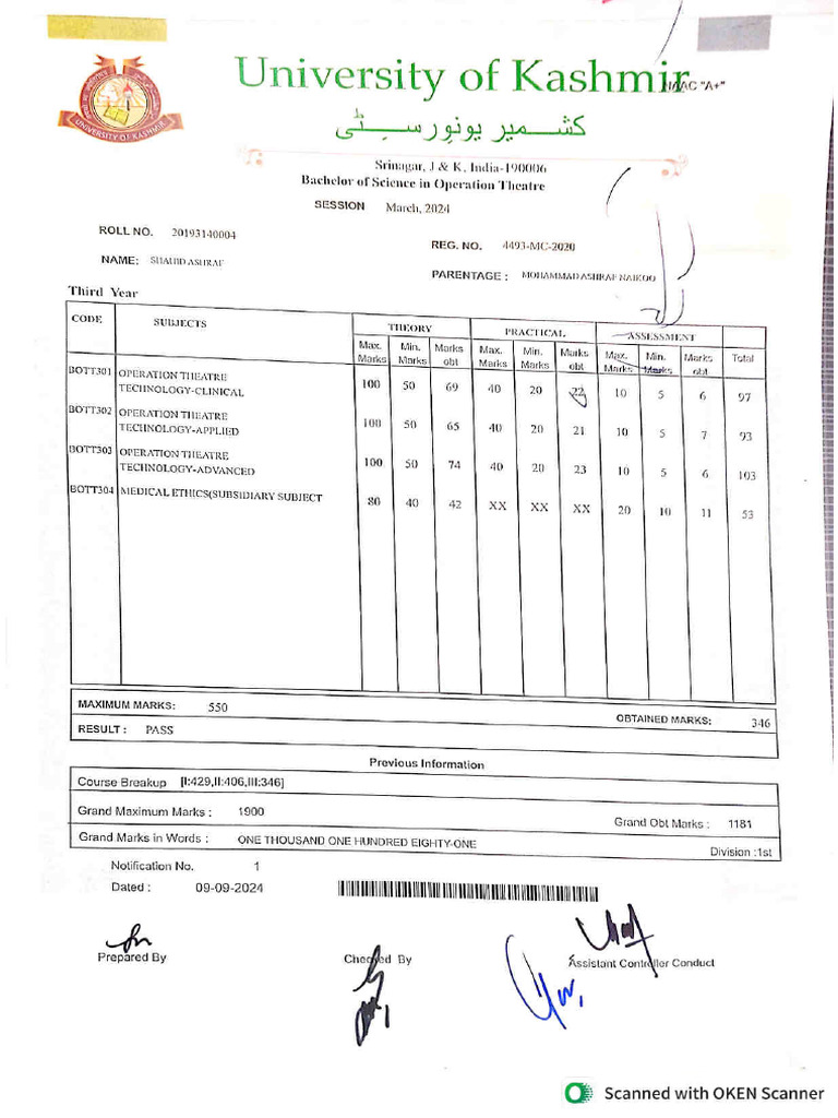 3rd Year Marks Card | PDF