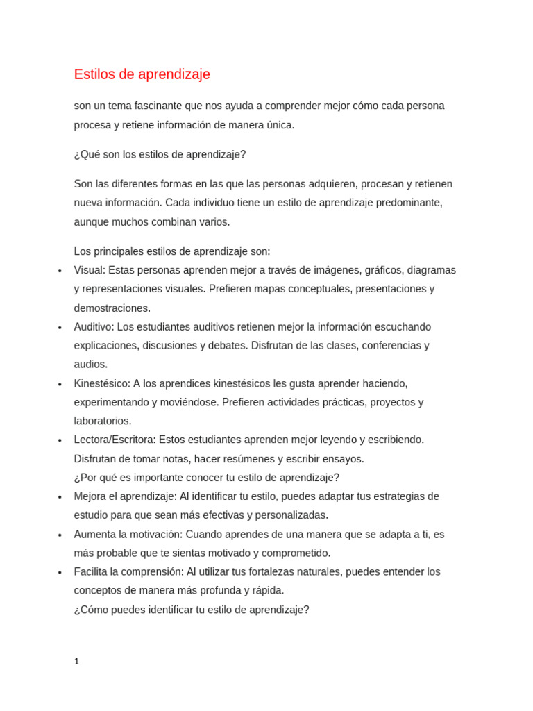 Estilos de Aprendizaje: Guía Completa | PDF | Aprendizaje | Aprendiendo ...