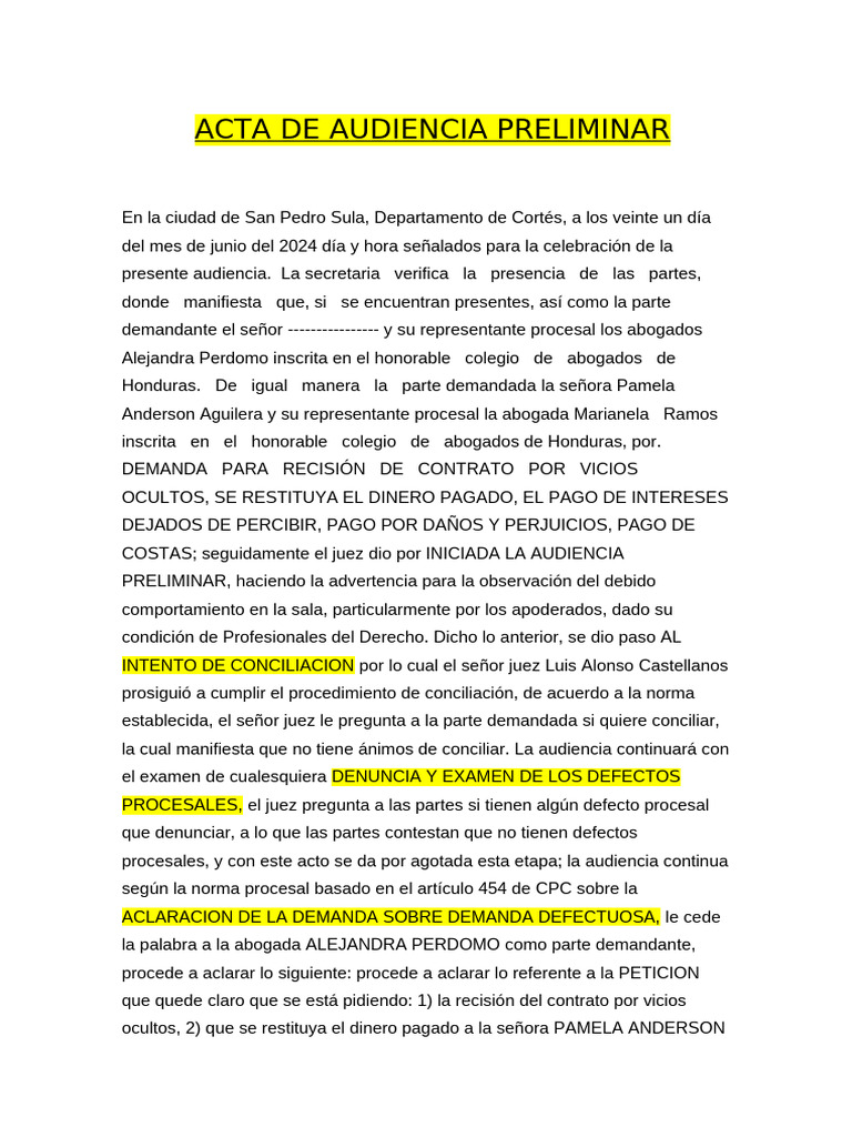 Acta de Audiencia Preliminar Tarea Practica Procesal Civil. | PDF | Demanda judicial | Ley procesal