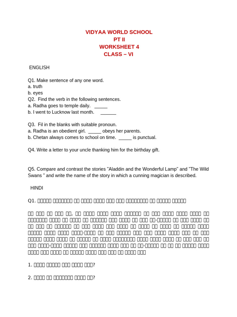 Class 6 PT 2 Worksheet 2 | PDF