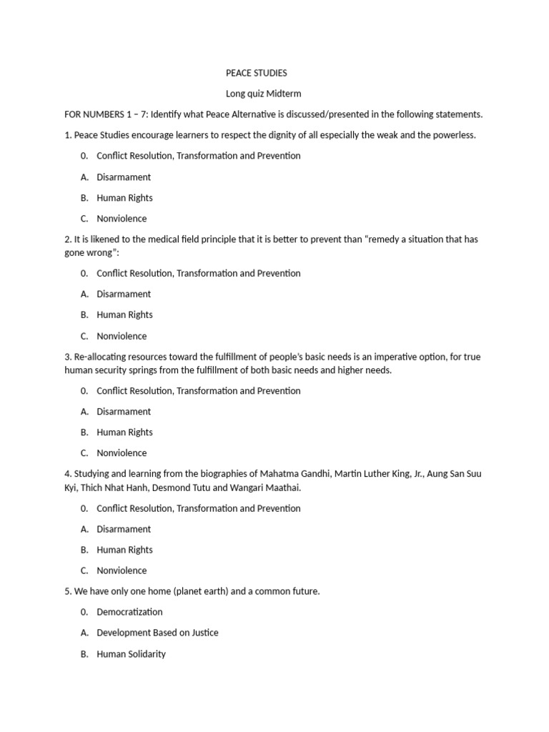 Peace Studies Midterm Quiz Insights | PDF | Prayer | Peace