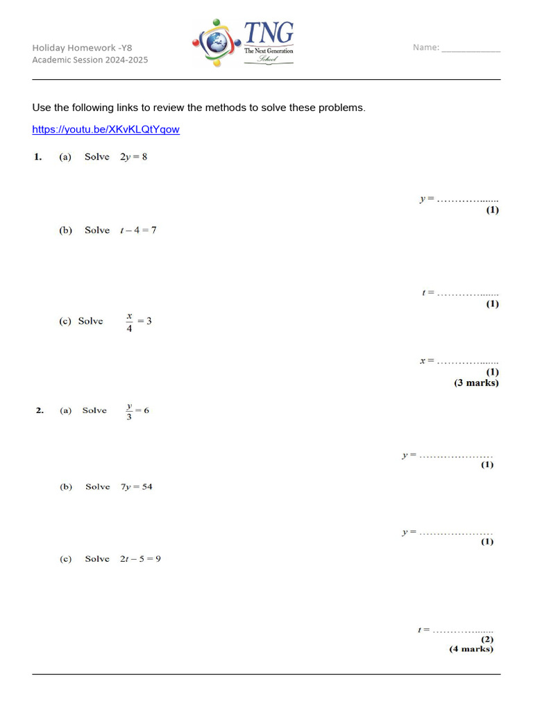 Numeracy Y8 Holiday Homework | PDF