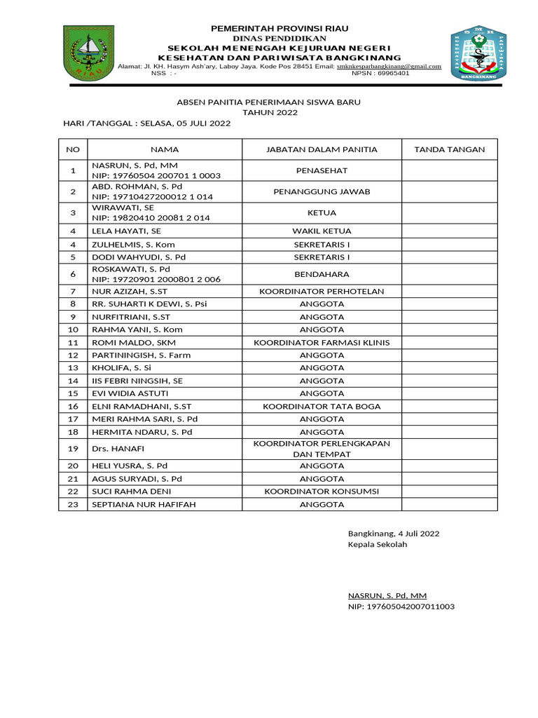 Absen Panitia Penerimaan Siswa Baru Tahun 2022 | PDF
