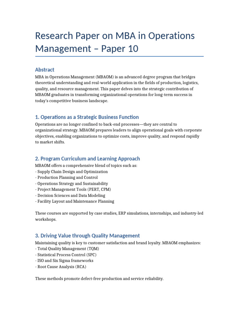 MBA in Operations Management Overview | PDF | Quality Management ...