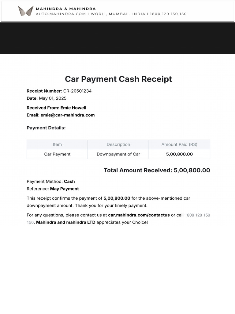 Car Payment Cash Receipt Template | PDF