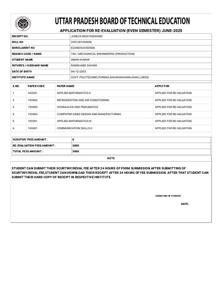 Re-Evaluation Application Form 2025 | PDF