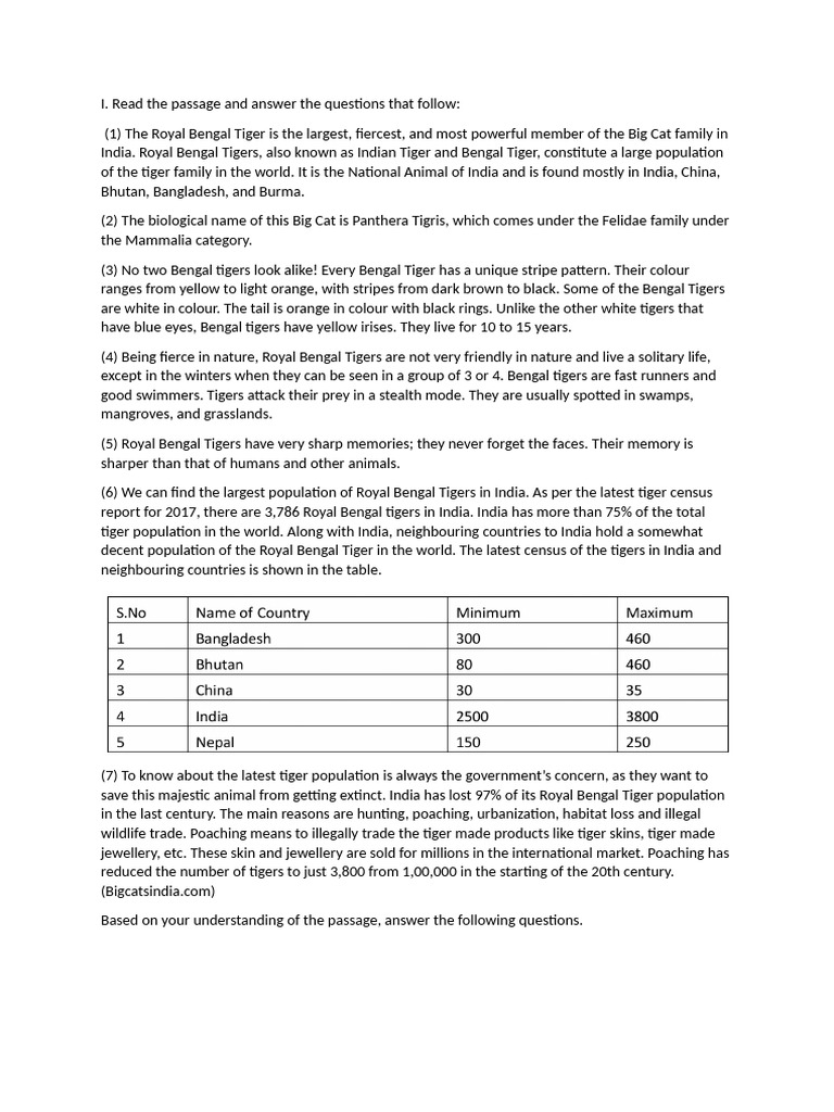 HW Reading Comprehension | PDF | Tiger | Felids