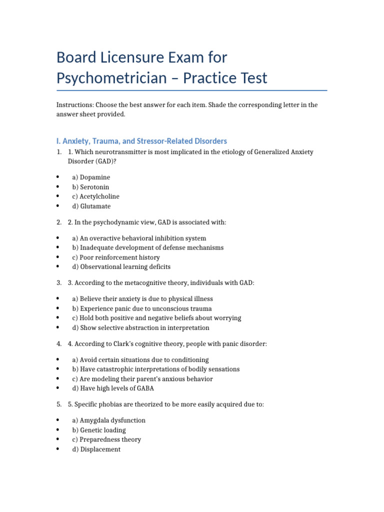 Psychometrician Board Exam Practice Test | PDF | Anxiety | Obsessive ...