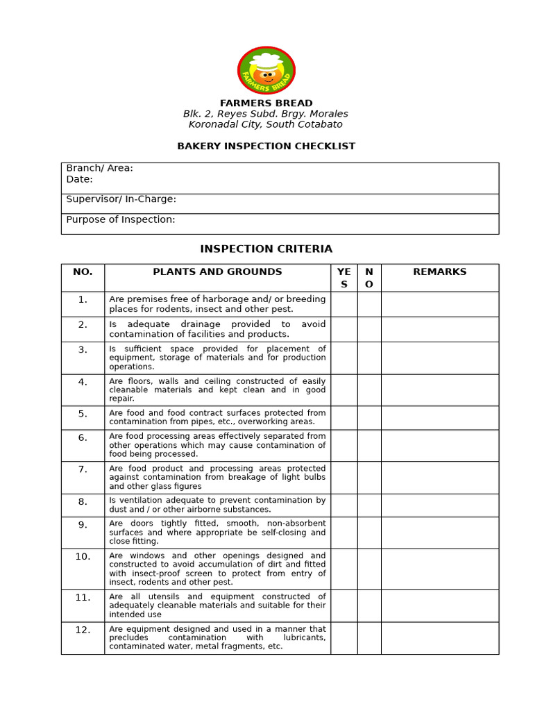 Bakery Inspection Checklist | PDF | Sanitation