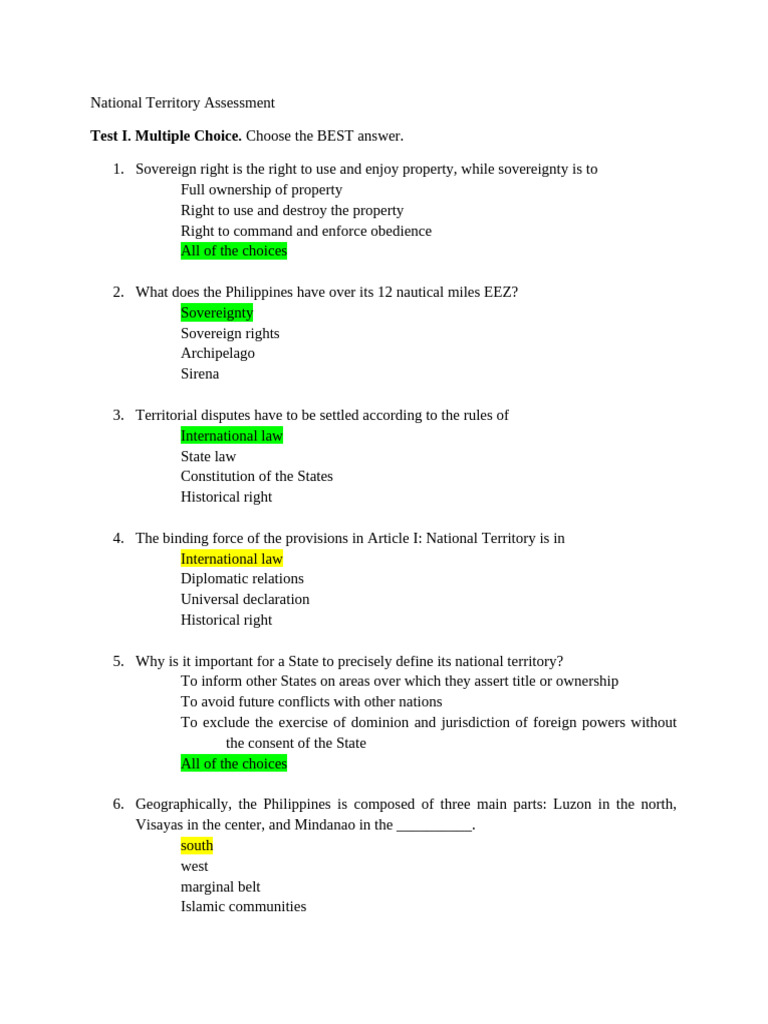National Territory Assessment Quiz | PDF | Territorial Waters ...
