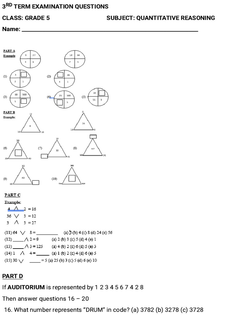 Exam For Quantitative Reasoning Primary 5 3rd Term | PDF