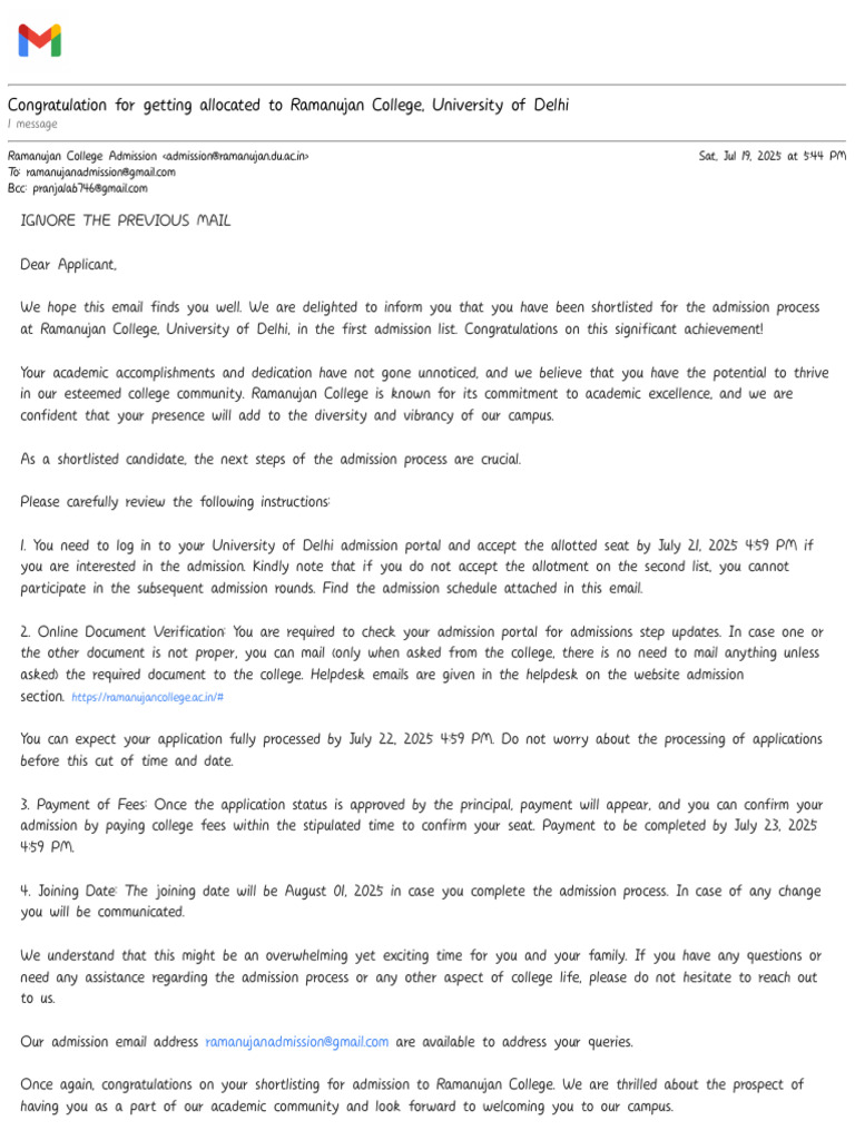 Gmail - Congratulation For Getting Allocated To Ramanujan College ...