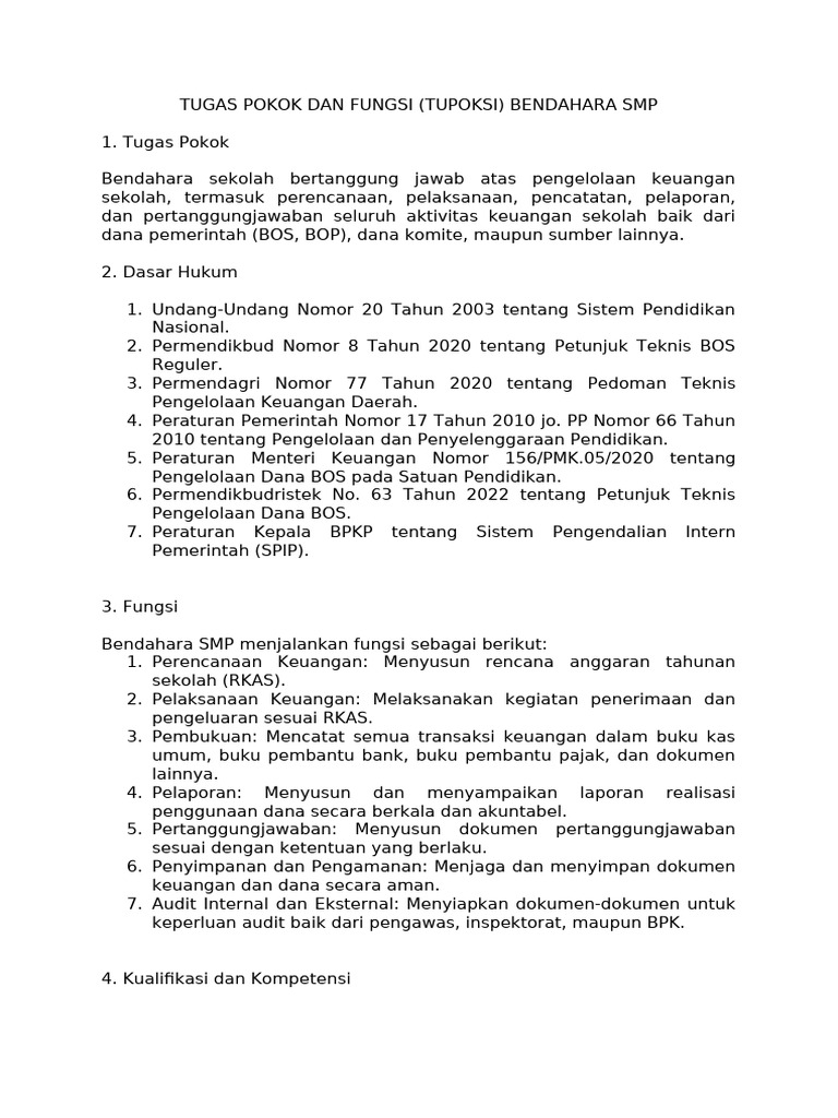 Tupoksi Bendahara Sekolah SMP | PDF
