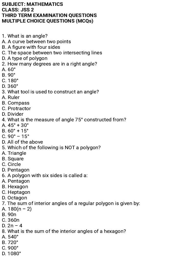 Exam For Mathematics Junior Secondary 2 3rd Term | PDF | Angle | Triangle