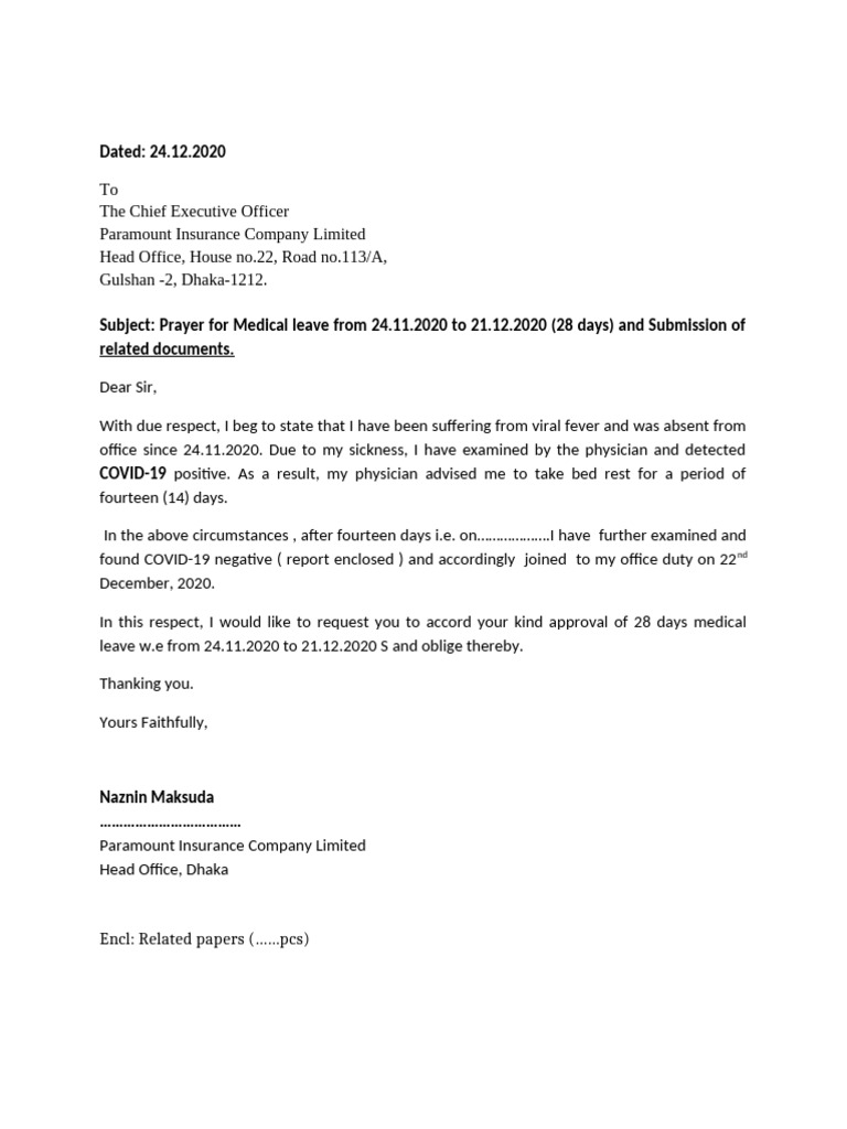 Medical Leave Request Due to COVID-19 | PDF