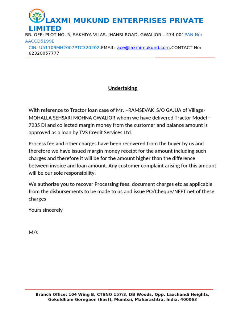 Tractor Loan Undertaking for Mr. Ramsevak | PDF