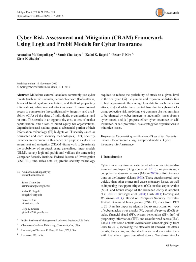 Cyber Risk Assessment and Mitigation (CRAM) Framework Using Logit and Probit Models For Cyber ...