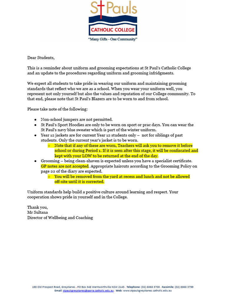 Student Memo - Strengthening Uniform and Grooming Expectations at ST ...