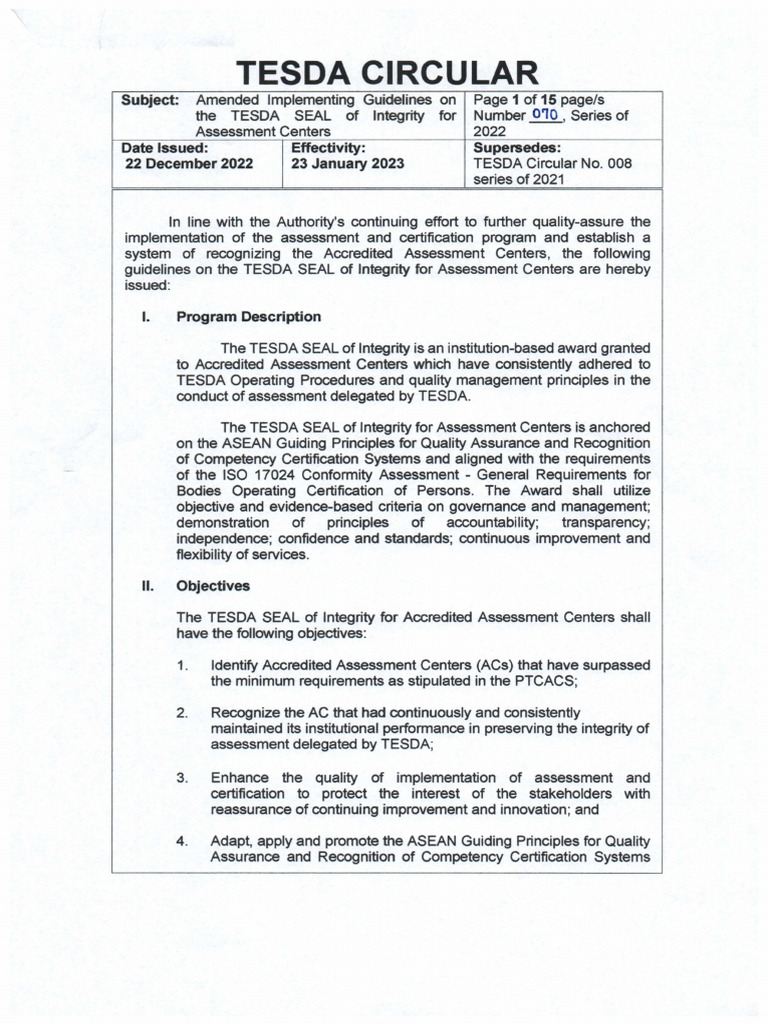 TESDA Circular No. 070-2022 | PDF
