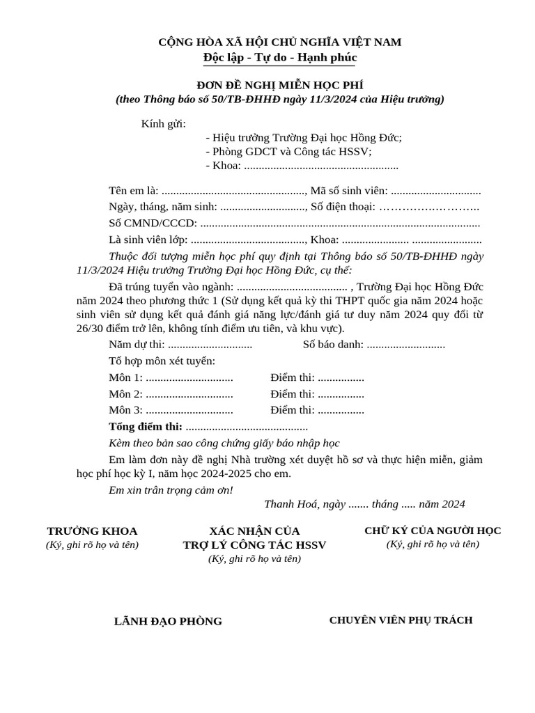 Đơn Xin Miễn, Giảm Học Phí (TB Số 50 Ngày 11.3.2024) | PDF