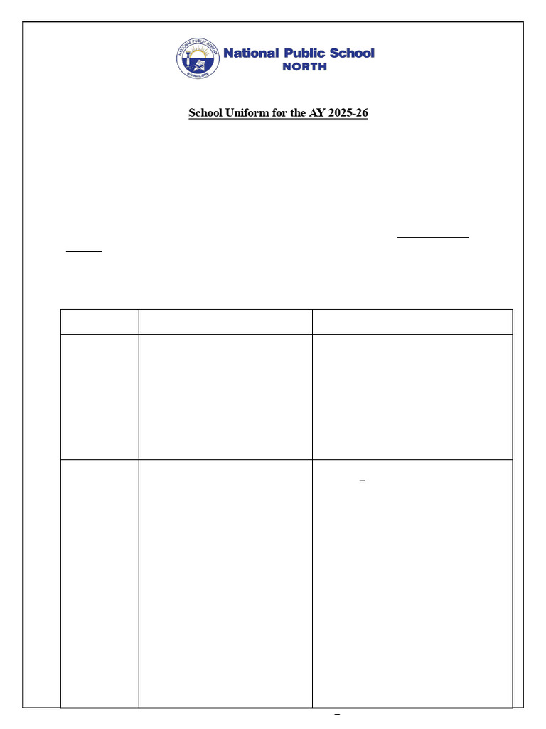 NPS North School Uniform Details 2025-26 | PDF | Trousers | Dress Codes