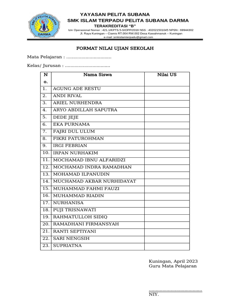 Format Nilai Ujian Sekolah SMK Pelita | PDF
