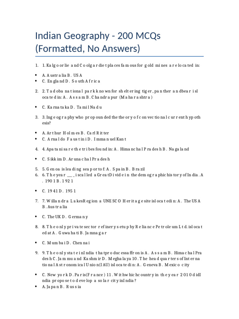 Indian Geography 200 MCQs Formatted | PDF