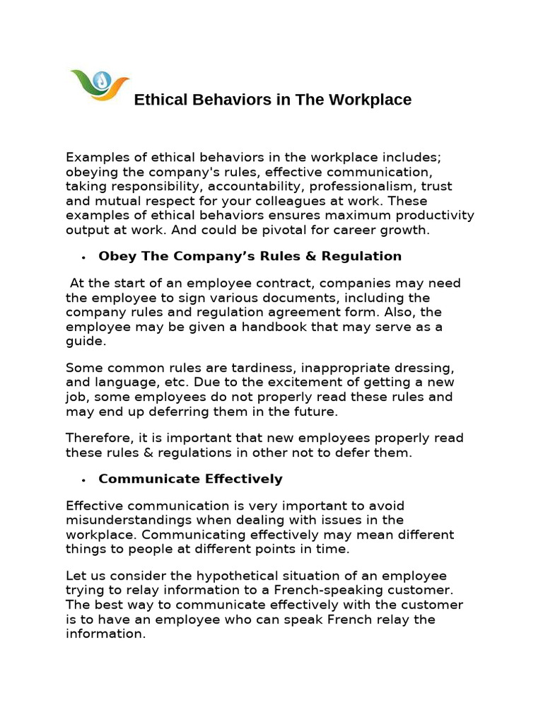 Ethical Behaviors in The Workplace | PDF | Employment | Leadership