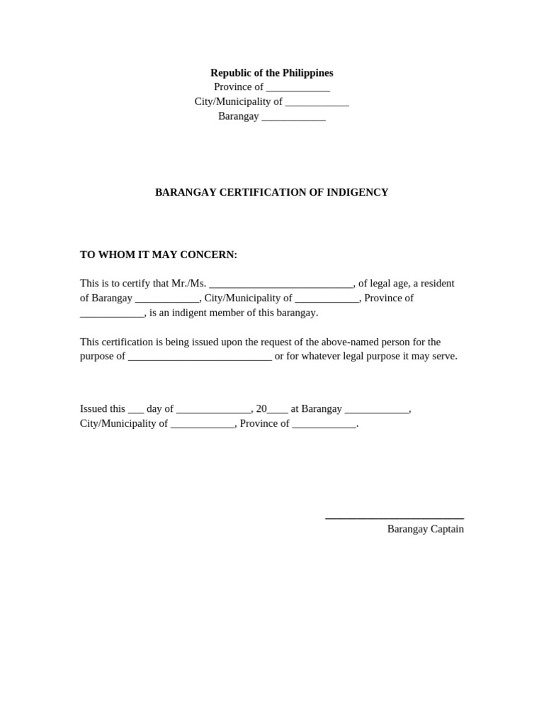 Barangay Certification of Indigency Sample | PDF