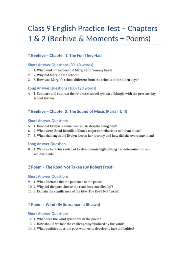 Class 9 English Practice Test Ch1 and 2 | PDF
